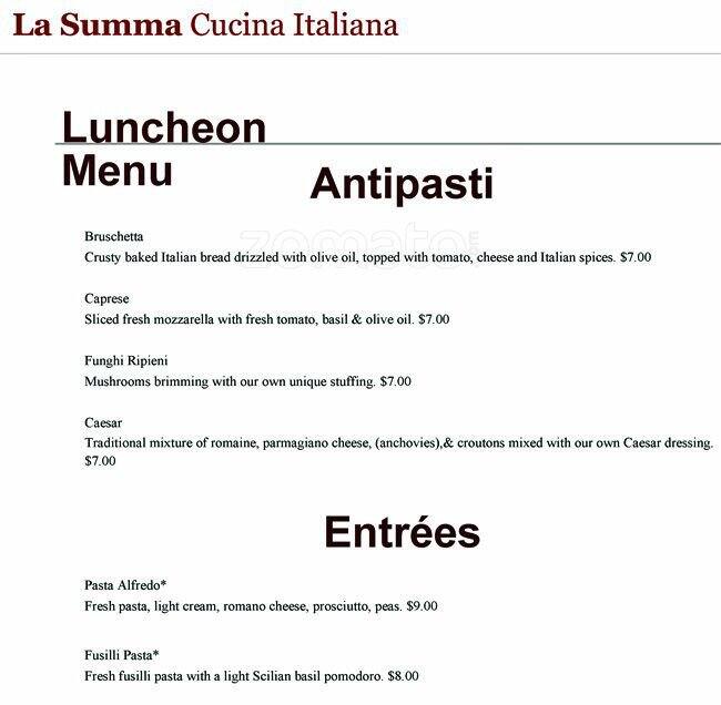 Menu at La Summa desserts, Boston