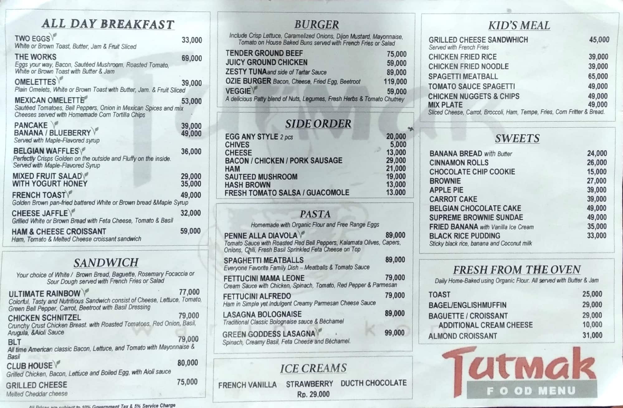 Menu at Tutmak warung kopi restaurant, Ubud