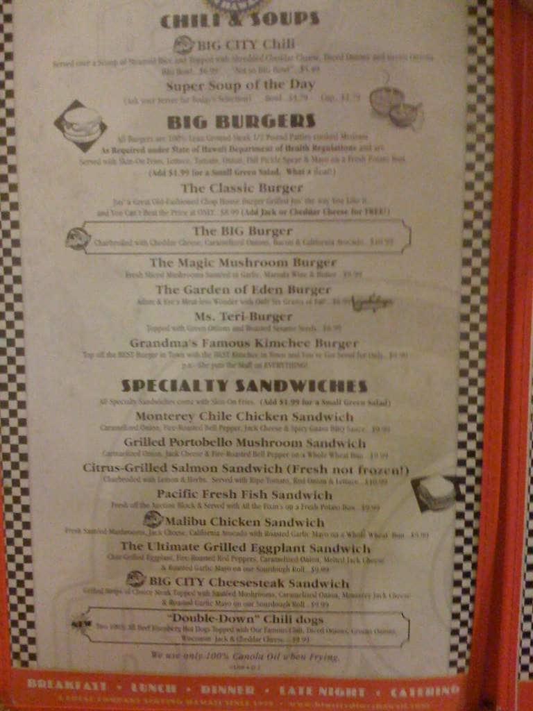 Menu at Big City Diner restaurant, Kailua, 108 Hekili St #101