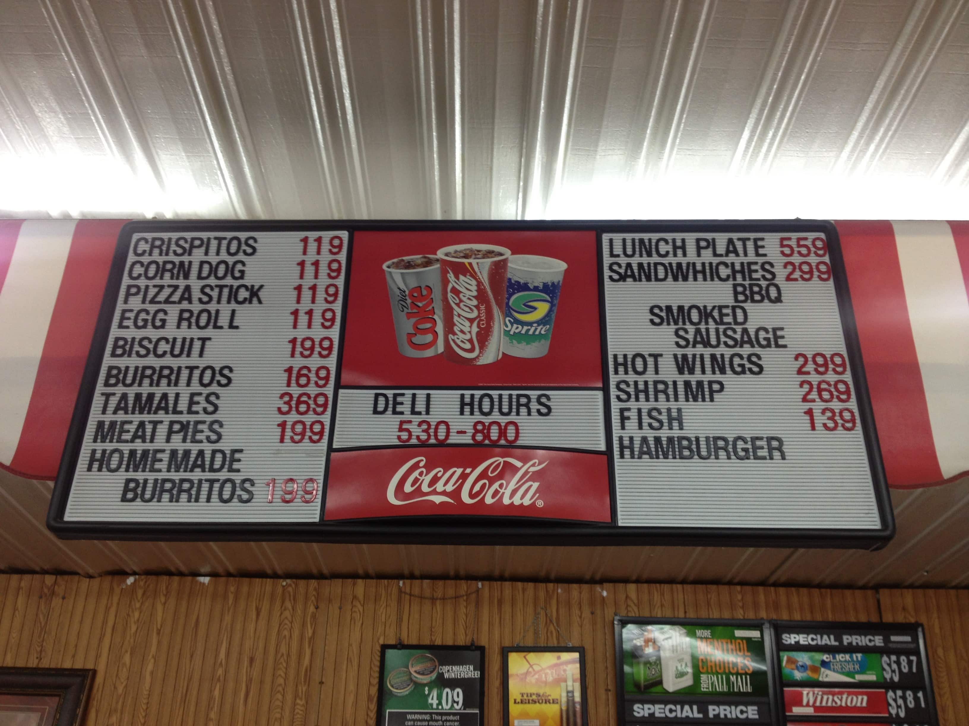 Menu at Grab and Go, Marshall