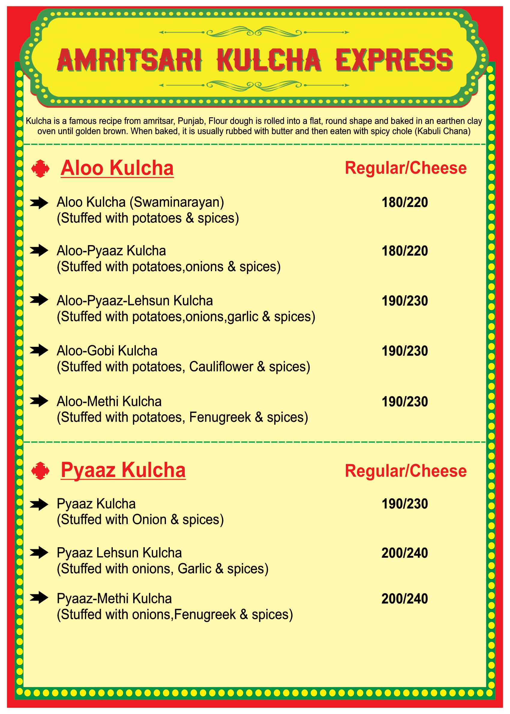 Menu of Amritsari Kulcha Express, Bodakdev, Ahmedabad
