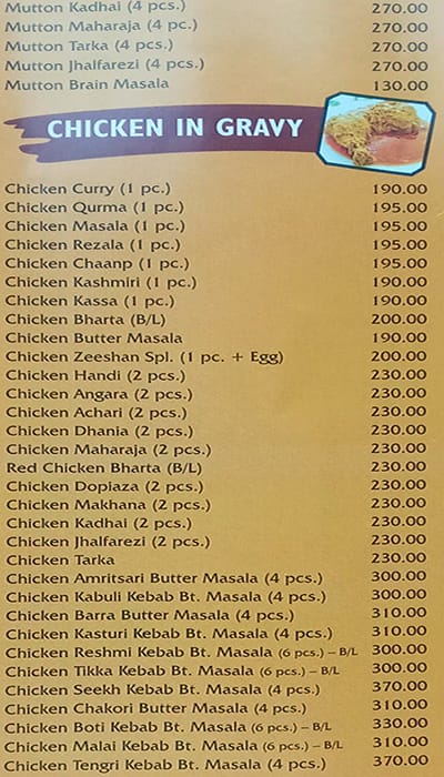 Menu of Zeeshan Restaurant, Park Circus Area, Kolkata