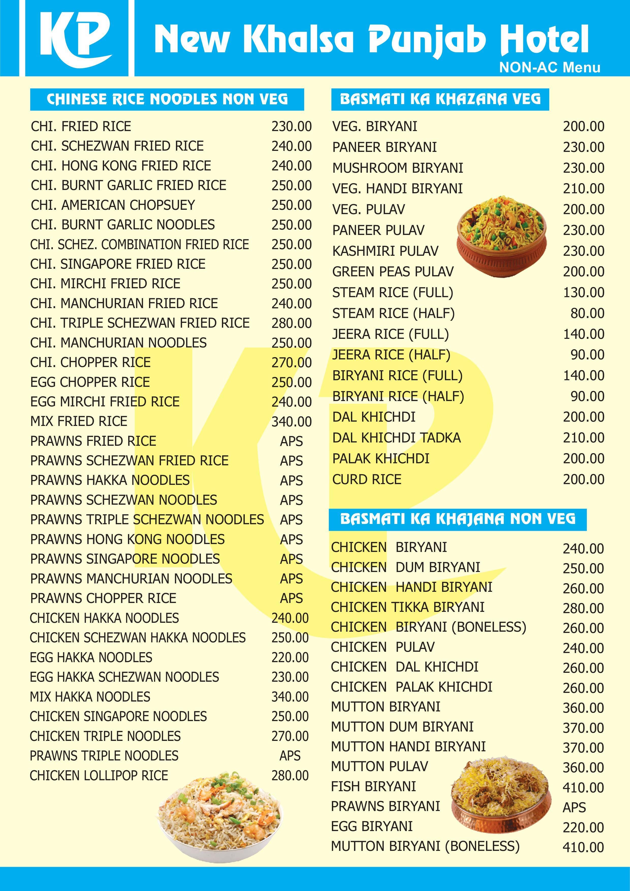 Menu at New Khalsa Punjab Hotel, Mumbai, Sahar Road