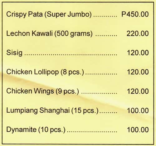 Menu at Dolora's Bunso Pancit Malabon (Pateros Branch) restaurant, Pateros