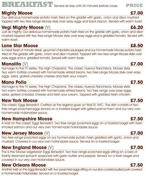 Menu at Moose Coffee restaurant, Manchester, York House