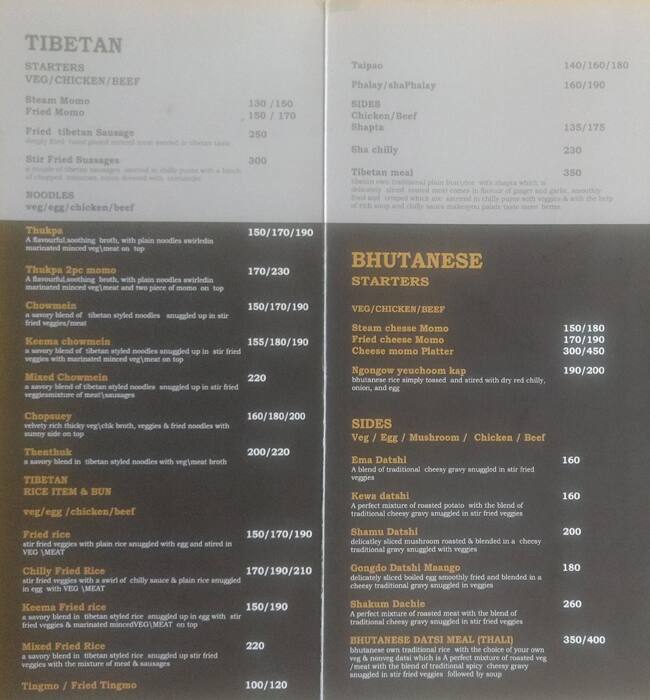 Menu at dallay The Trinity of Bhutan Nepal & Tibet, Chennai