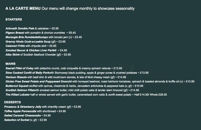 Menu at Kilted Lobster restaurant, Edinburgh