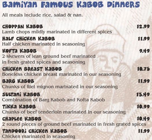 Menu at Bamiyan Kabob restaurant, Toronto, 4205 Keele St