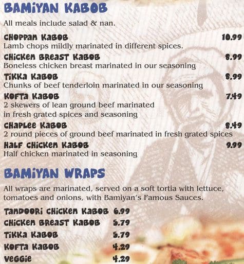 Menu at Bamiyan Kabob restaurant, Toronto, 4205 Keele St
