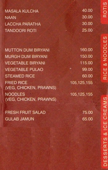 Menu at Khao Galli, Hyderabad, Cyber towers