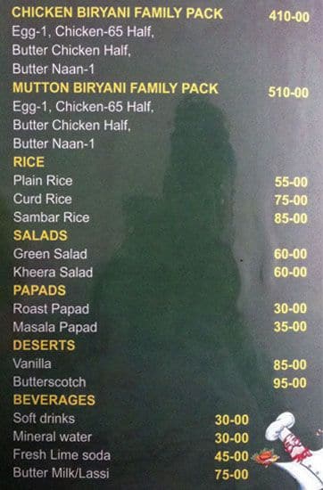 Menu at forest restaurant, Hyderabad