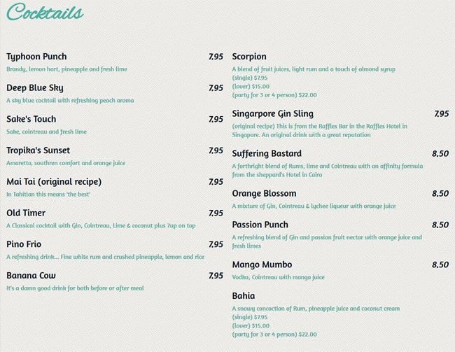 Menu at Tropika restaurant, Richmond, Number 3 Rd Suite 322