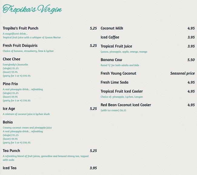 Menu at Tropika restaurant, Richmond, No. 3 Rd Suite 322