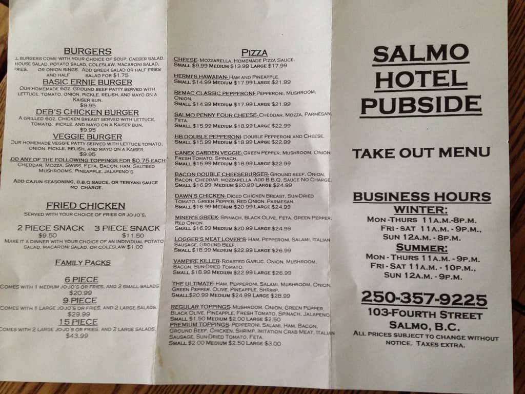 Menu at Pubside, Salmo