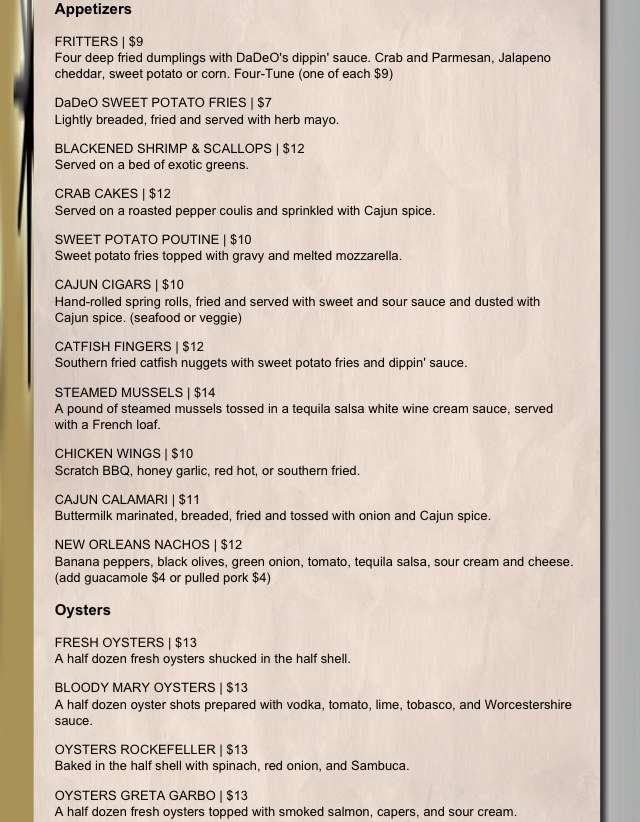 Menu at DaDeO pub & bar, Edmonton