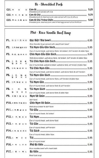 Carta del restaurante Saigon Pagolac, Houston