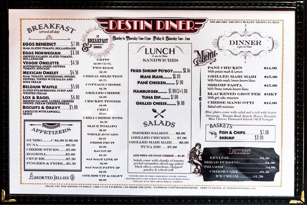 Carta del restaurante Destin Diner, Destin