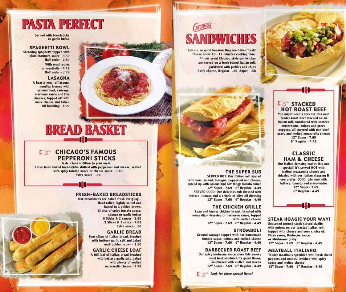 Menu at Chicago's Pizza pizzeria, Tell City