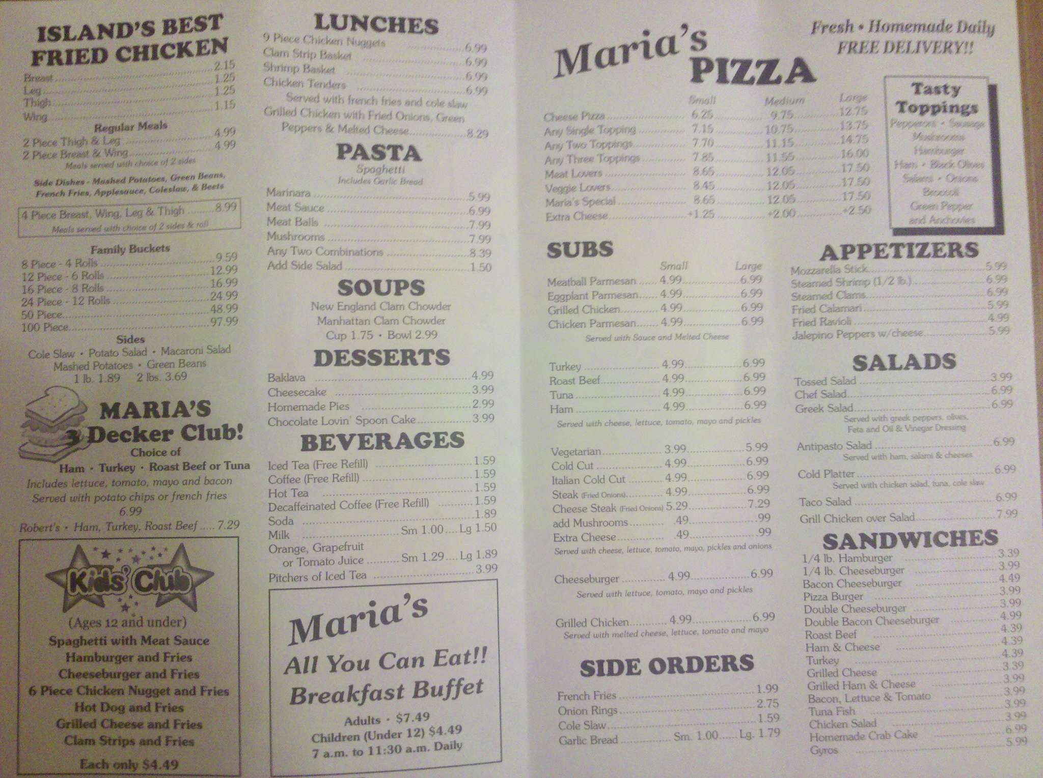 Menu at Maria's pizzeria, Chincoteague Island