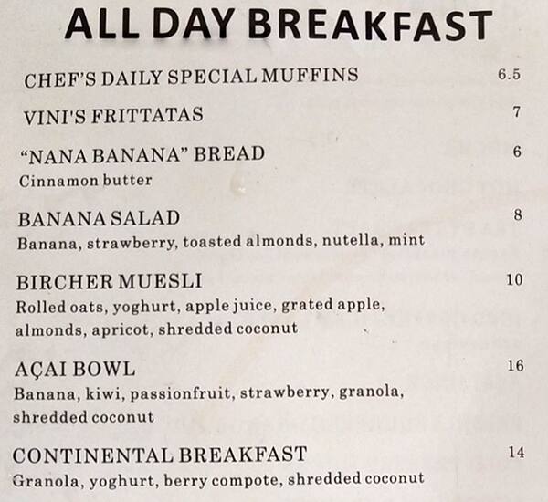Menu at Vini's cafe, Manly