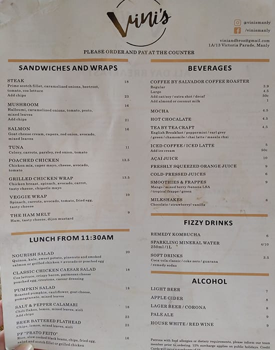 Menu at Vini's cafe, Manly