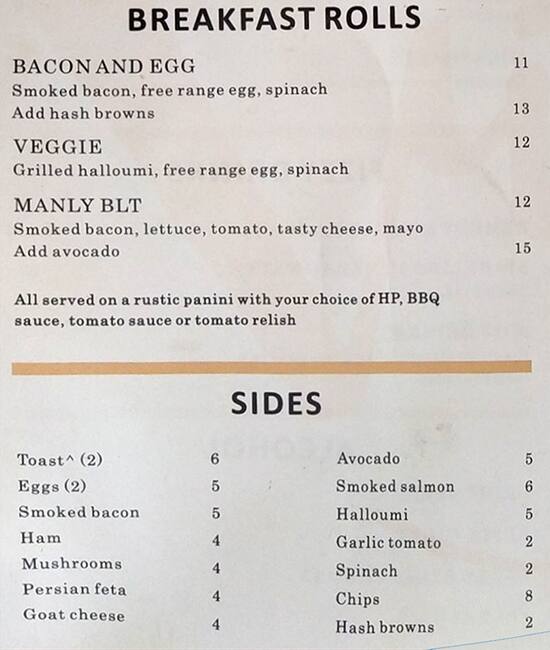 Menu at Vini's cafe, Manly