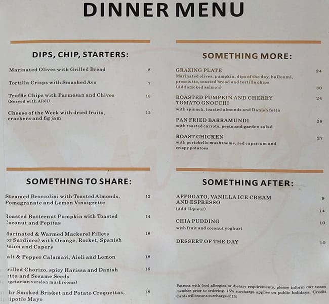 Menu at Vini's cafe, Manly