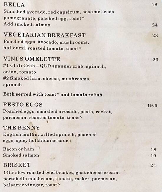 Menu at Vini's cafe, Manly
