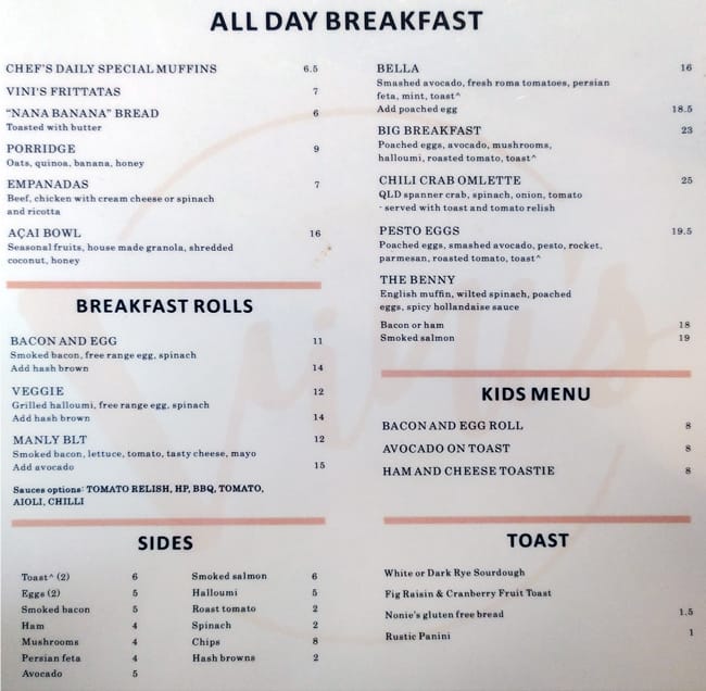 Menu at Vini's Cafe, Manly