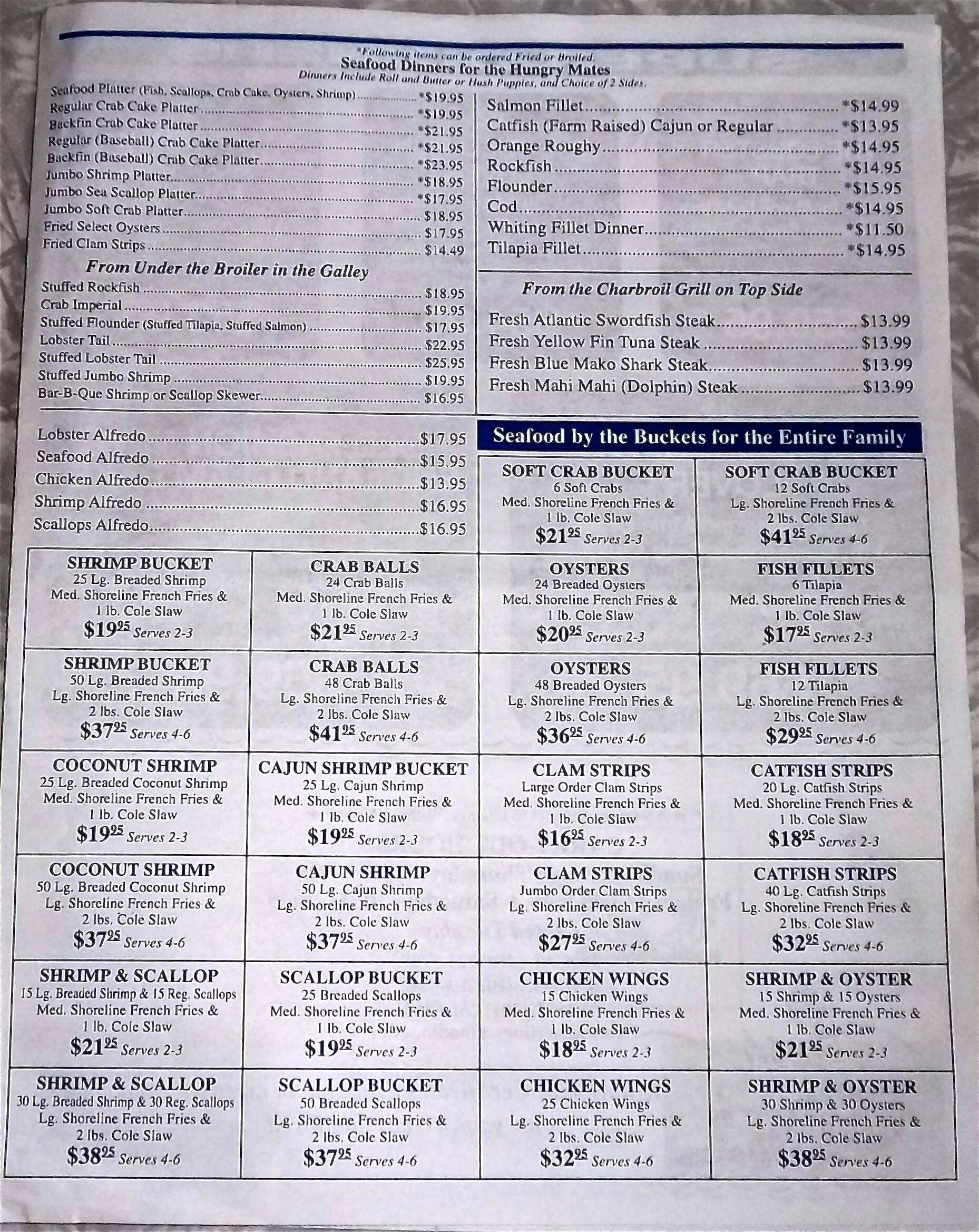 Menu at Shoreline Seafood Inc. restaurant, Crofton