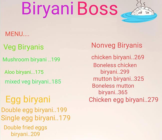 Menu of Biryani Boss, Ejipura, Bangalore