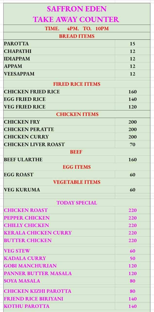 Menu of Saffron Eden, Kumarapuram, Trivandrum