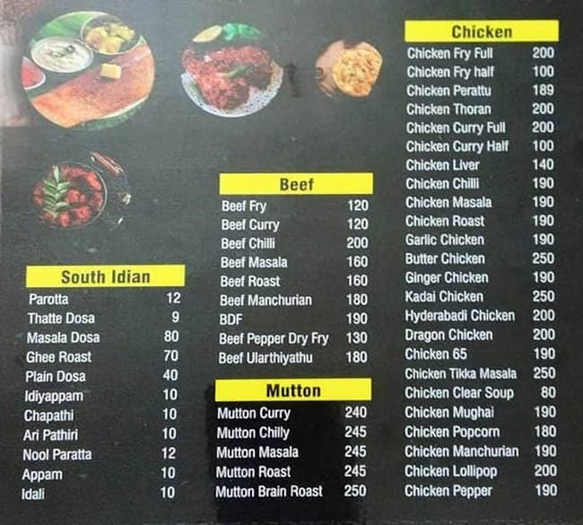 Menu of Bismi Hotel, Neyattinkara Locality, Trivandrum