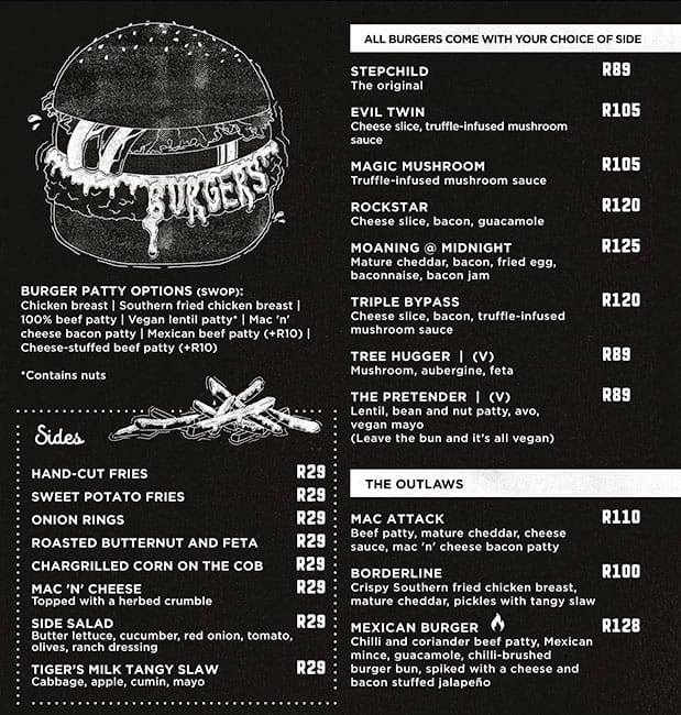 Menu at Tiger's Milk Melrose Arch restaurant, Johannesburg, Melrose Arch