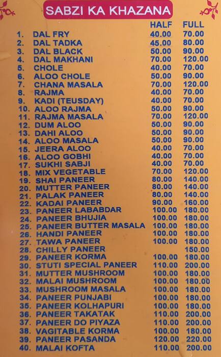 Menu of Stuti Restaurant, Satyaniketan, New Delhi
