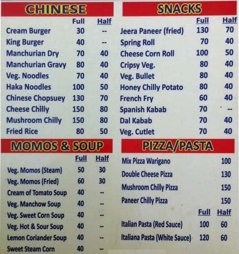 Menu of Sanjay's Snack Bar, PAU, Ludhiana