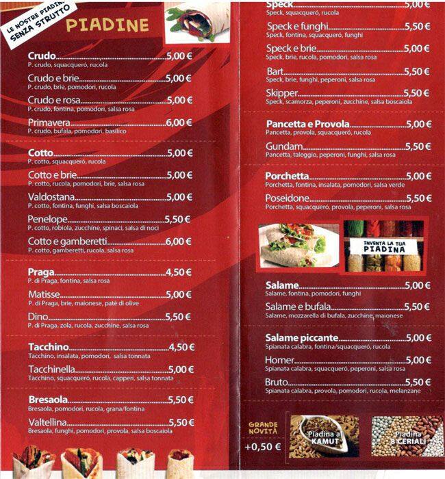 Menu at Piadineria La Caveja restaurant, Milan, Via Flavio Baracchini