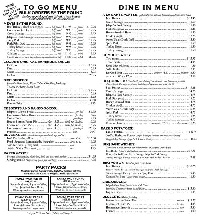 Menu at Goode Company BBQ, Houston, Kirby Dr