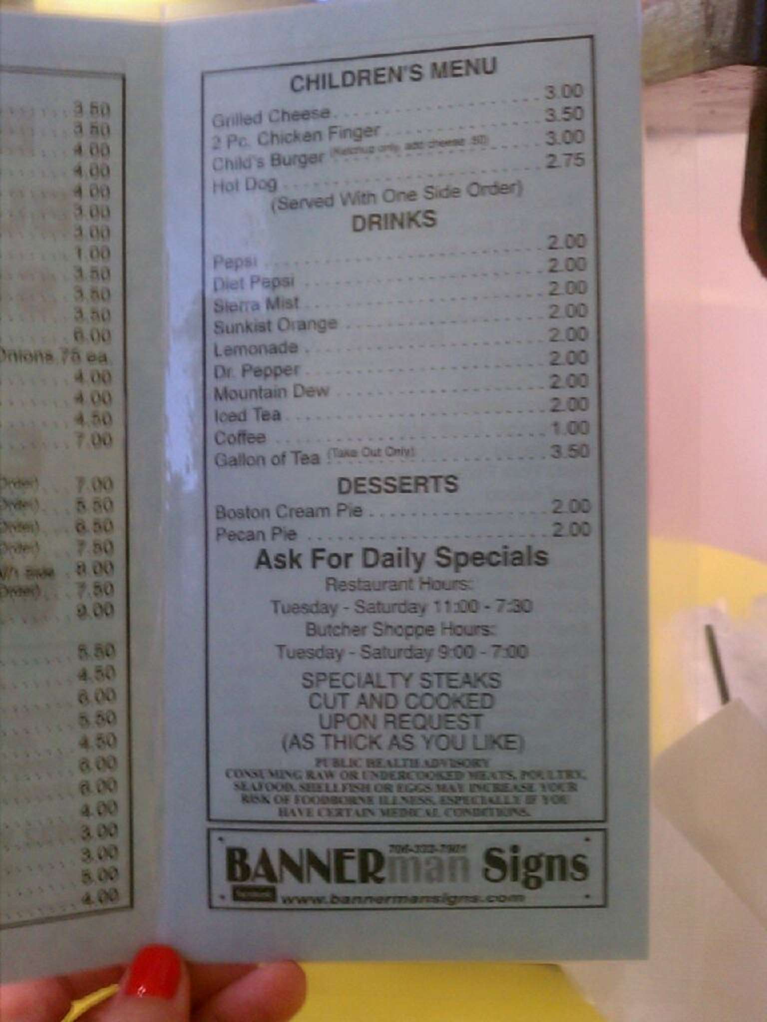 Menu at Burts Butcher Shoppe restaurant, Columbus