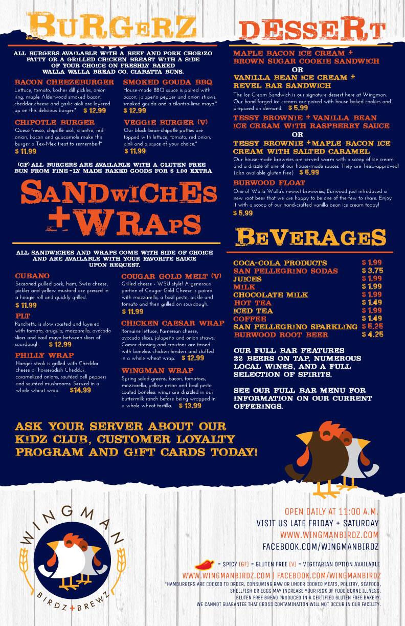 Menu at Wingman Birdz + Brewz pub & bar, Walla Walla