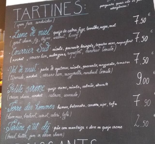 Menu at Le Petit Prince cafe, Lisbon