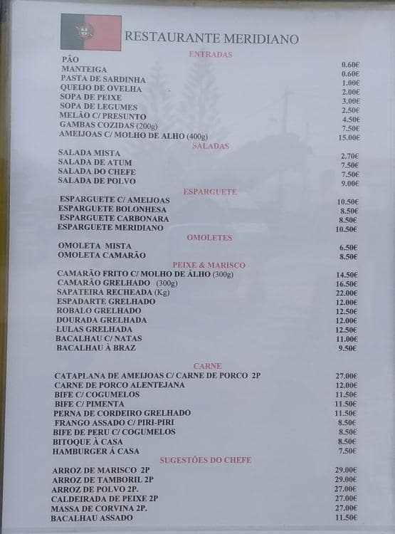 Menu at Meridiano restaurant, Sagres