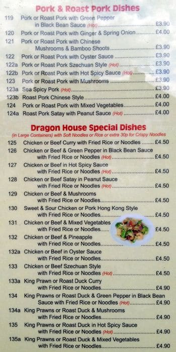 Menu at Dragon House restaurant, London