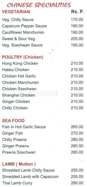 Menu at Prince, Chennai