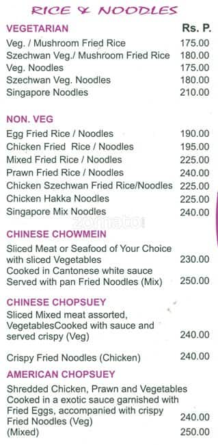 Menu at Prince, Chennai