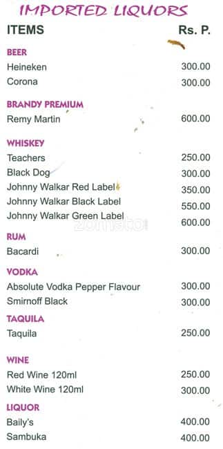 Menu at Prince, Chennai