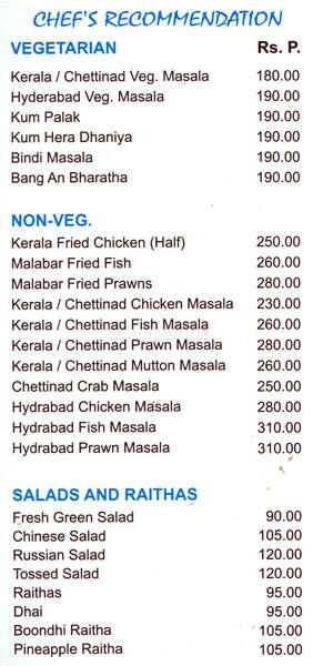 Menu at Prince, Chennai