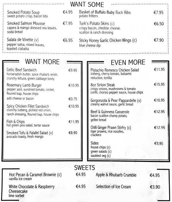 Menu at Turk's Head pub & bar, Dublin