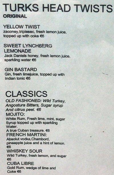 Menu at Turk's Head pub & bar, Dublin