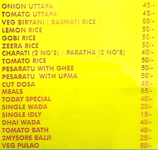 Menu at ADARSH VEG HOTEL TIFFINS, Hyderabad, 5-9-22/1/1 shop No 4